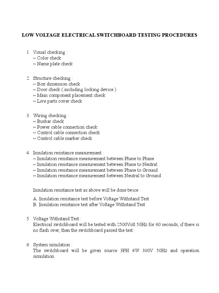 Low Voltage Electrical Switchboard Testing Procedures | PDF | Insulator ...