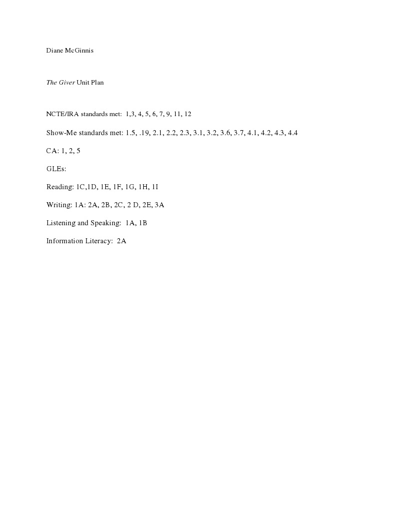The Giver Complete Unit Plan Feb 2011 | PDF | The Giver | Cognitive Science