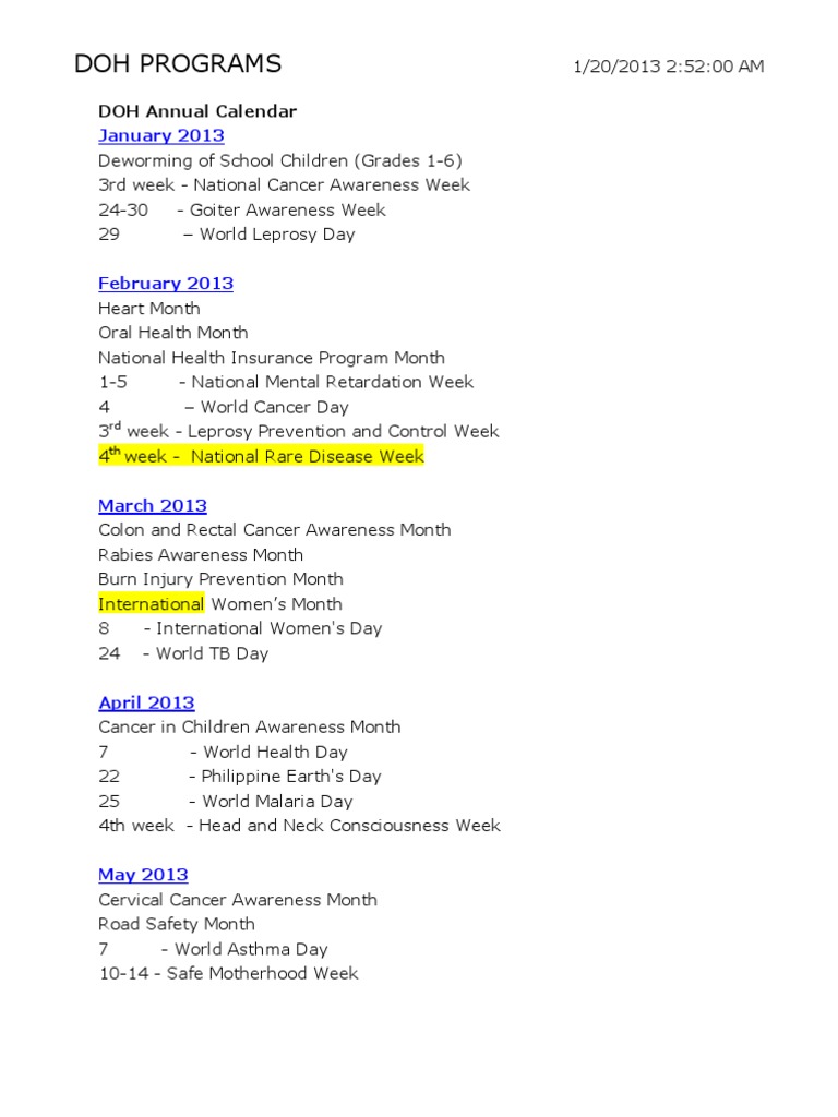 DOH Annual Calendar 2013 | PDF | Preventive Healthcare | Tuberculosis