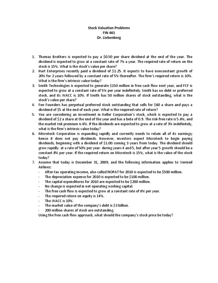 Stock Valuation Problems and Solutions | PDF | Free Cash Flow | Stocks