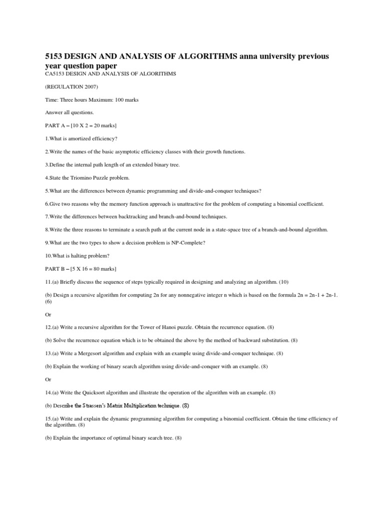 5153 DESIGN and ANALYSIS of ALGORITHMS Anna University Previous Year Question Paper | PDF ...