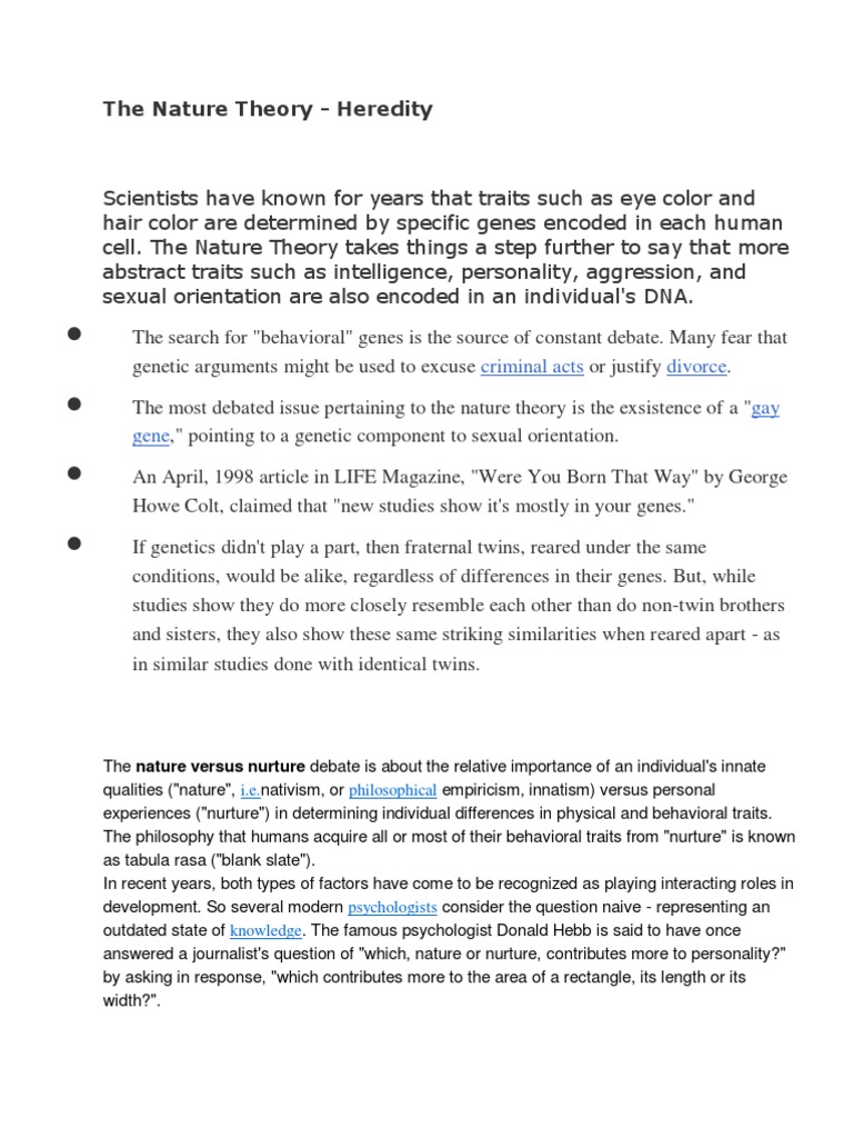 The Nature Theory | PDF | Nature Versus Nurture | Psychological Concepts