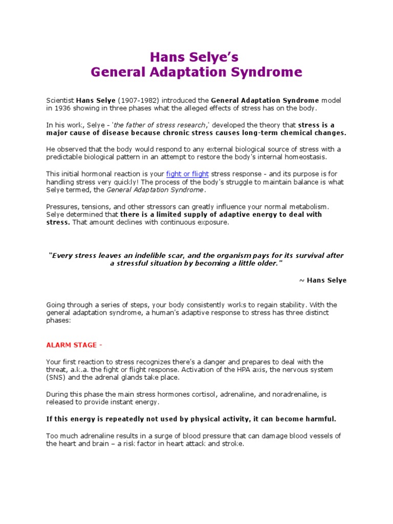 Hans Selye | PDF | Stress (Biology) | Diseases And Disorders