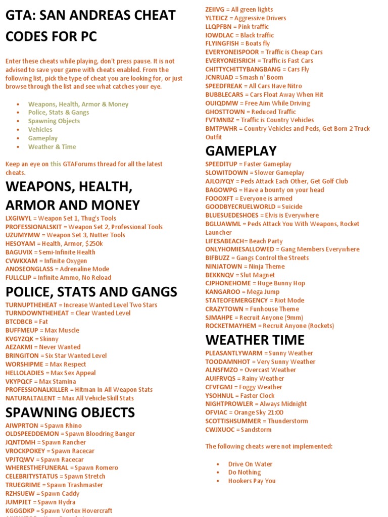 Gta-San Andreas Cheat Codes PC | PDF | Weaponry | Leisure
