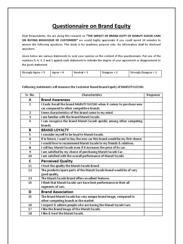 Maruti Suzuki Questionnaire On Brand Equity | PDF | Brand | Questionnaire