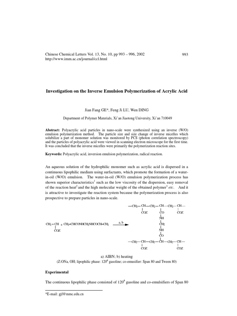 Inverse Emulsion Polymerization of Acrylic Acid | PDF | Emulsion ...