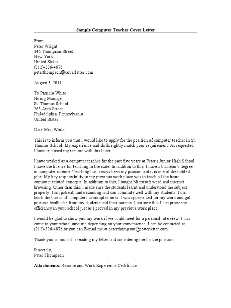 Sample Computer Teacher Cover Letter | Download Free PDF | Résumé ...
