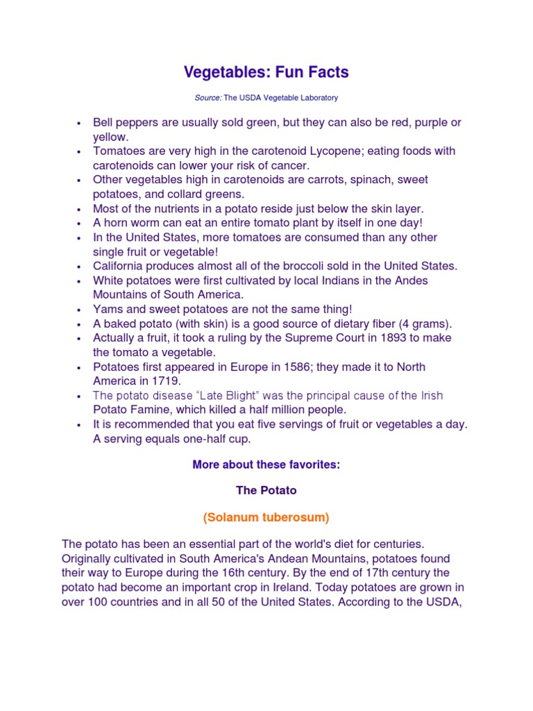 Vegetables: Fun Facts: (Solanum Tuberosum) | PDF | Potato | Vegetables