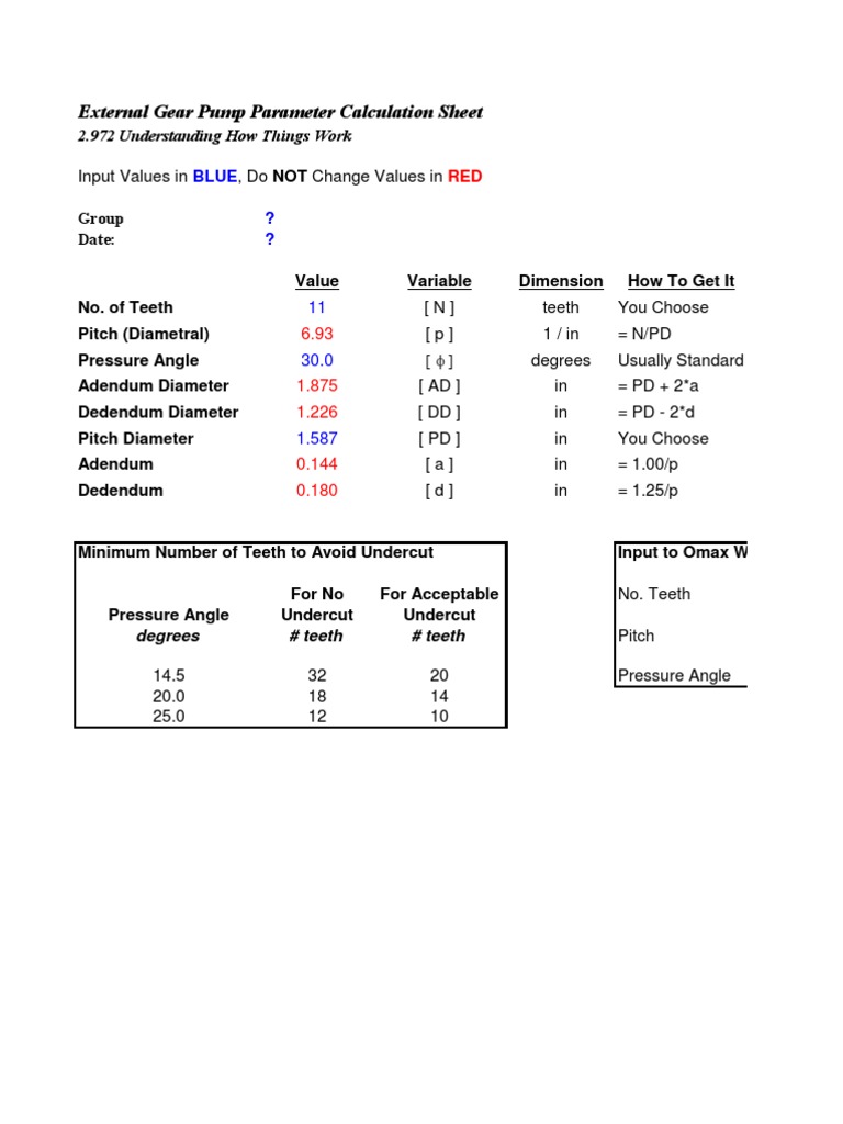 Gear Pump Design Sheet | PDF
