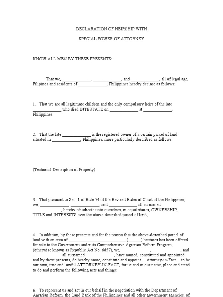 Declaration of Heirship With Spa | PDF | Power Of Attorney | Civil Law ...