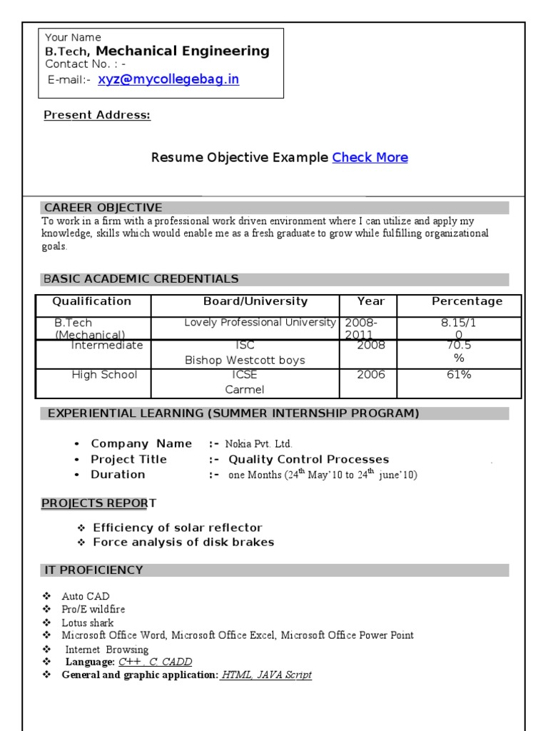 Resume Objective For Freshers in It | PDF