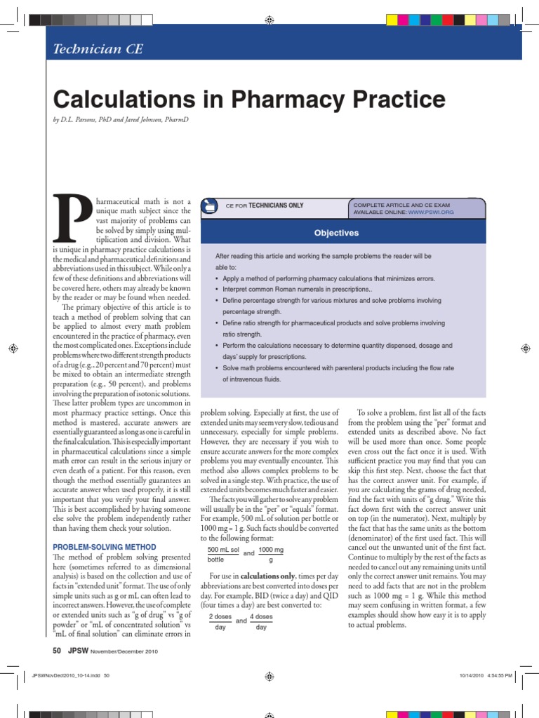 Calculations in Pharmacy Practice | PDF | Mass Concentration (Chemistry ...