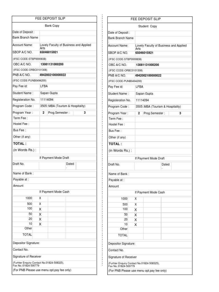 Fee Deposit Slip Fee Deposit Slip: X X X X X X X X | PDF | Business