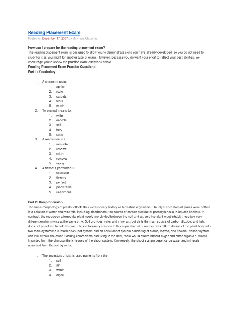 How Can I Prepare For The Reading Placement Exam? | PDF | Plants ...