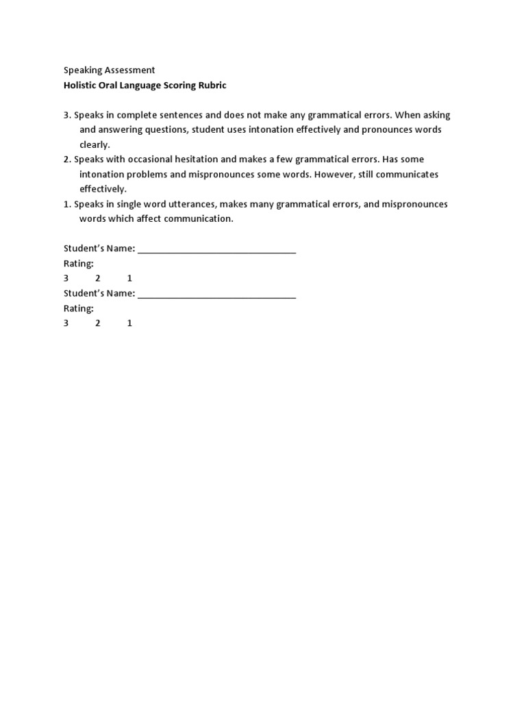 Holistic Oral Language Scoring Rubric | PDF