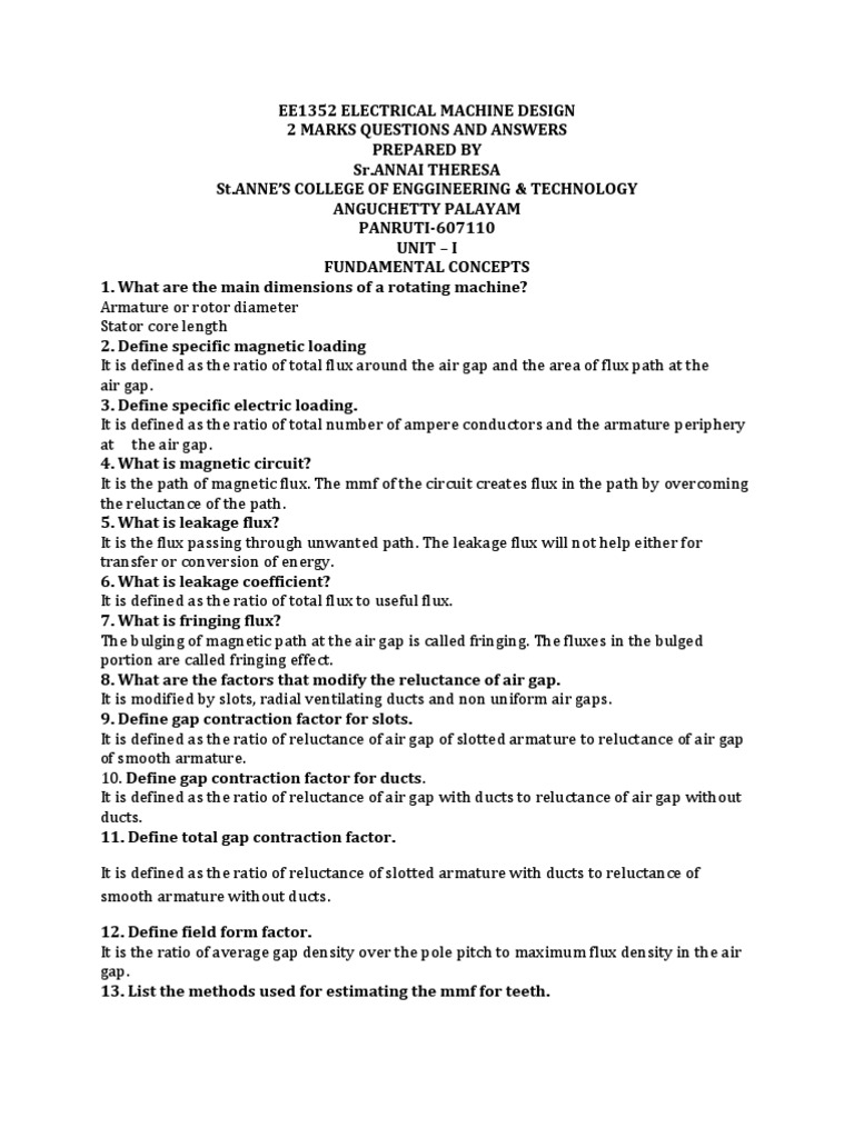 Ee1352 Electrical Machine Design-2 Marks Question Bank | PDF ...