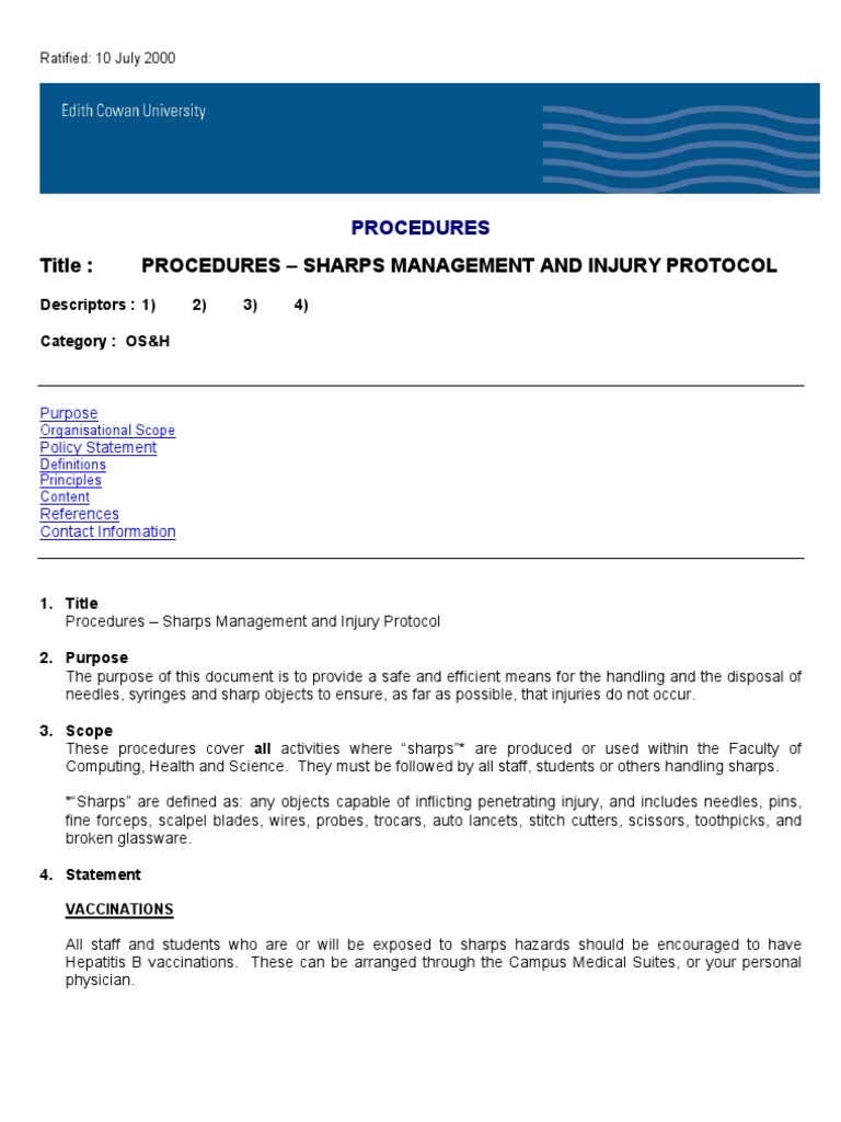 Sharps Management and Injury Protocol | PDF | Health Sciences | Medical ...
