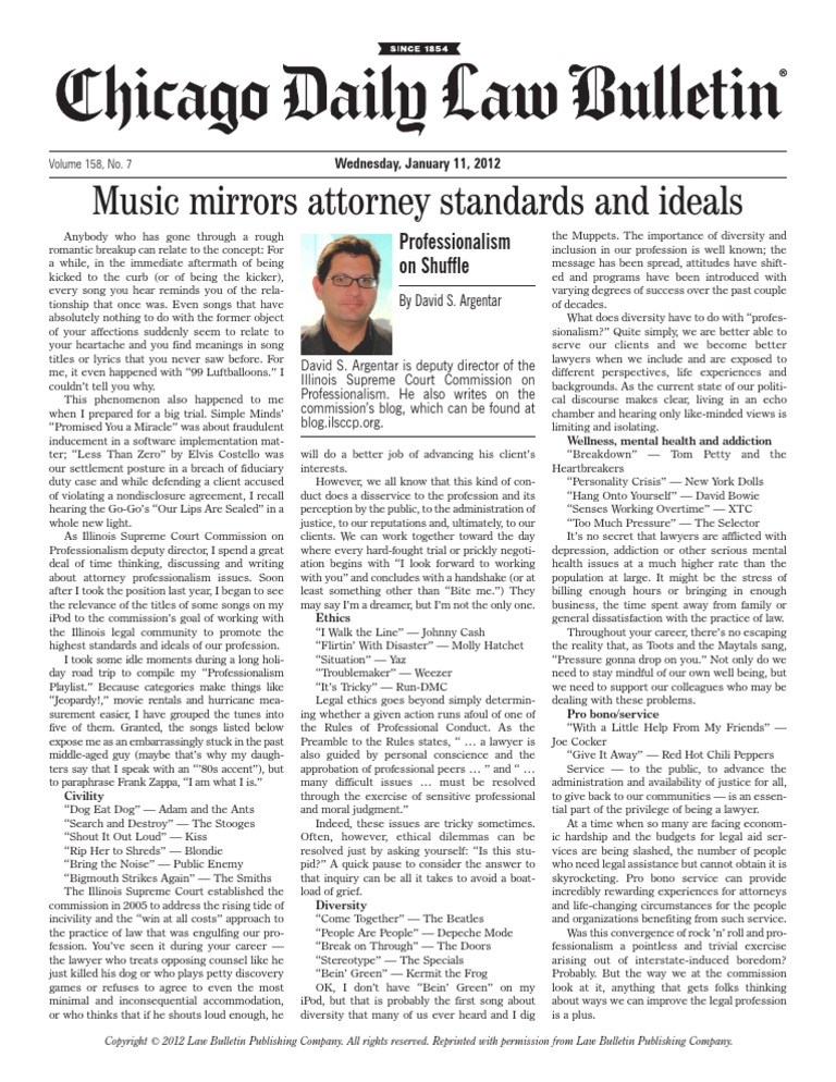 Chicago Daily Law Bulletin "Professionalism On Shuffle" Column, January ...