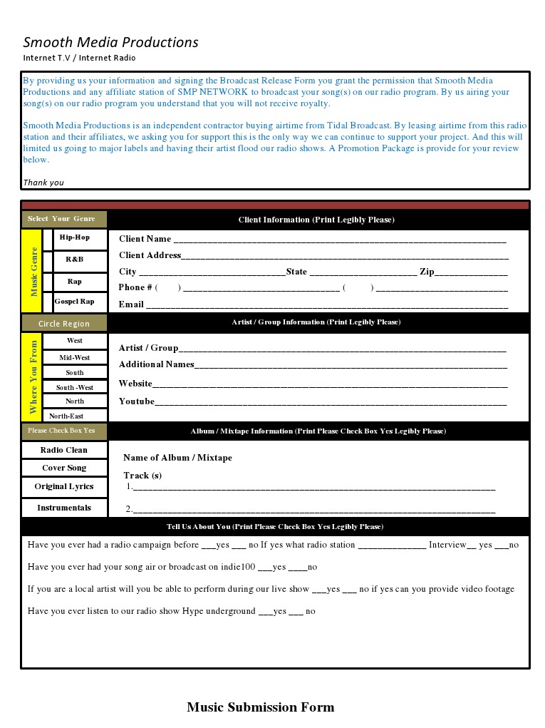 Smooth Media Productions: Music Submission Form | PDF | Royalty Payment ...