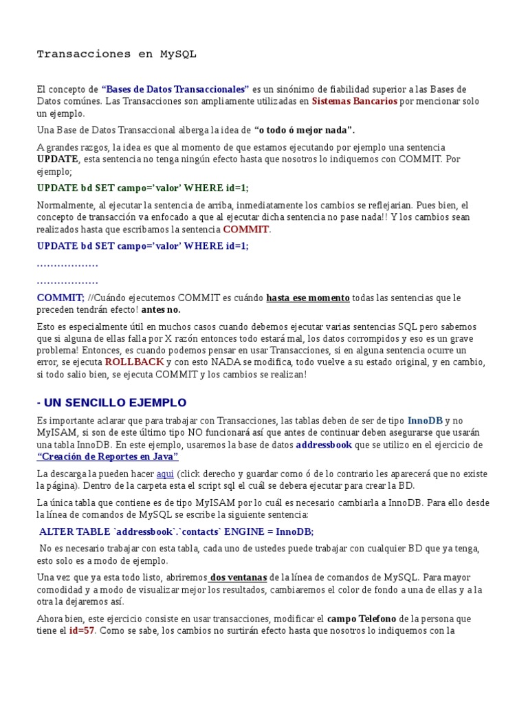 Transacciones MySQL: Uso y Ejemplos | PDF | SQL | Mi sql