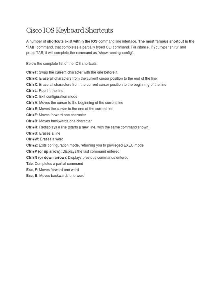 Cisco IOS Keyboard Shortcuts | PDF | Command Line Interface | Human–Computer Interaction