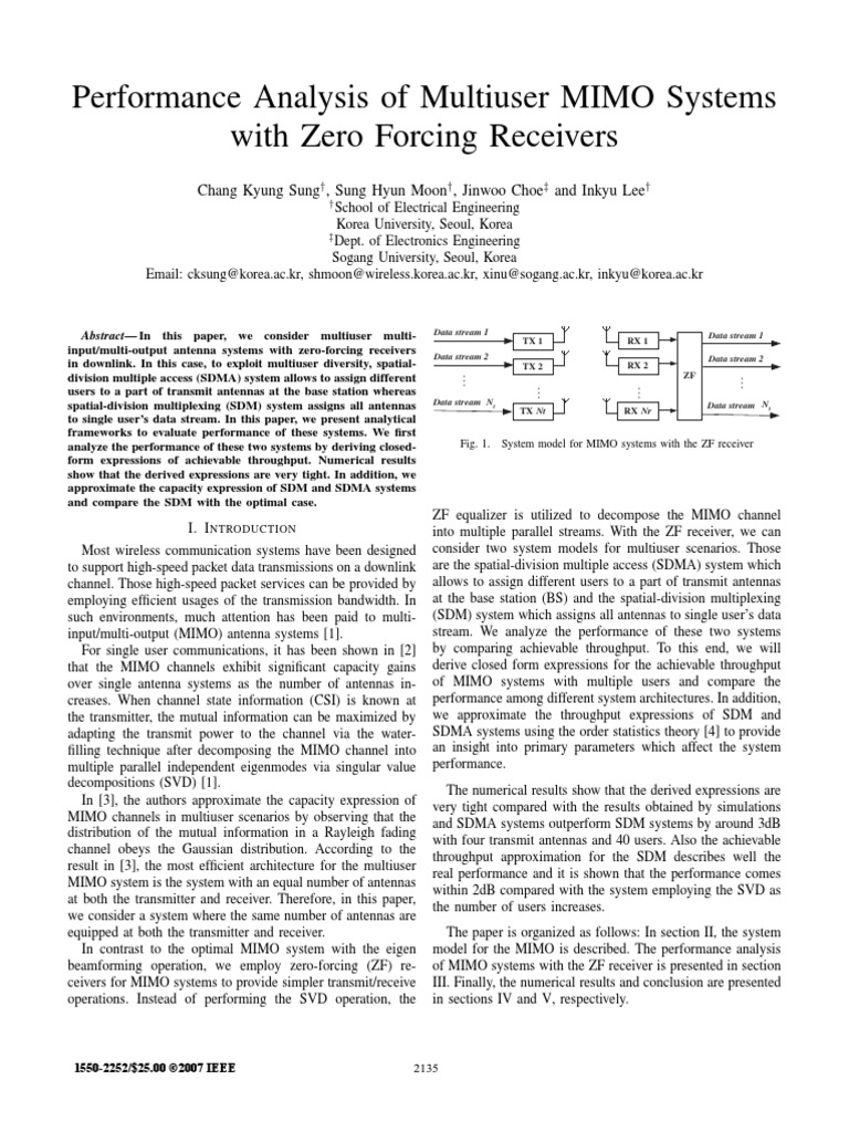 Performance Analysis of Multiuser MIMO Systems With Zero Forcing Receivers | PDF | Mimo ...