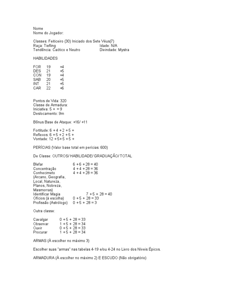 Ficha Feiticeiro | PDF | Véu | Lazer