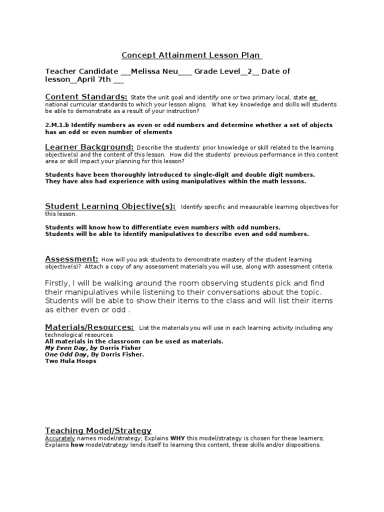 Concept Attainment Lesson Plan | PDF | Lesson Plan | Differentiated ...