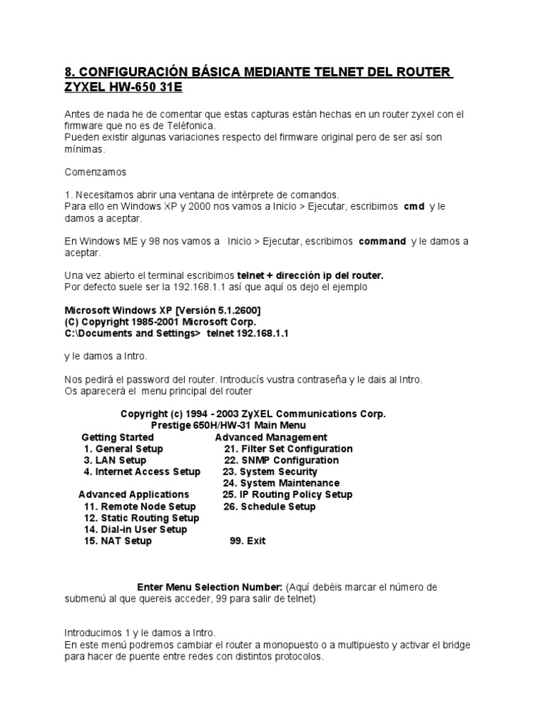 8 Configuración Básica Mediante Telnet Del Router Zyxel HW | Descargar gratis PDF | Dirección IP ...