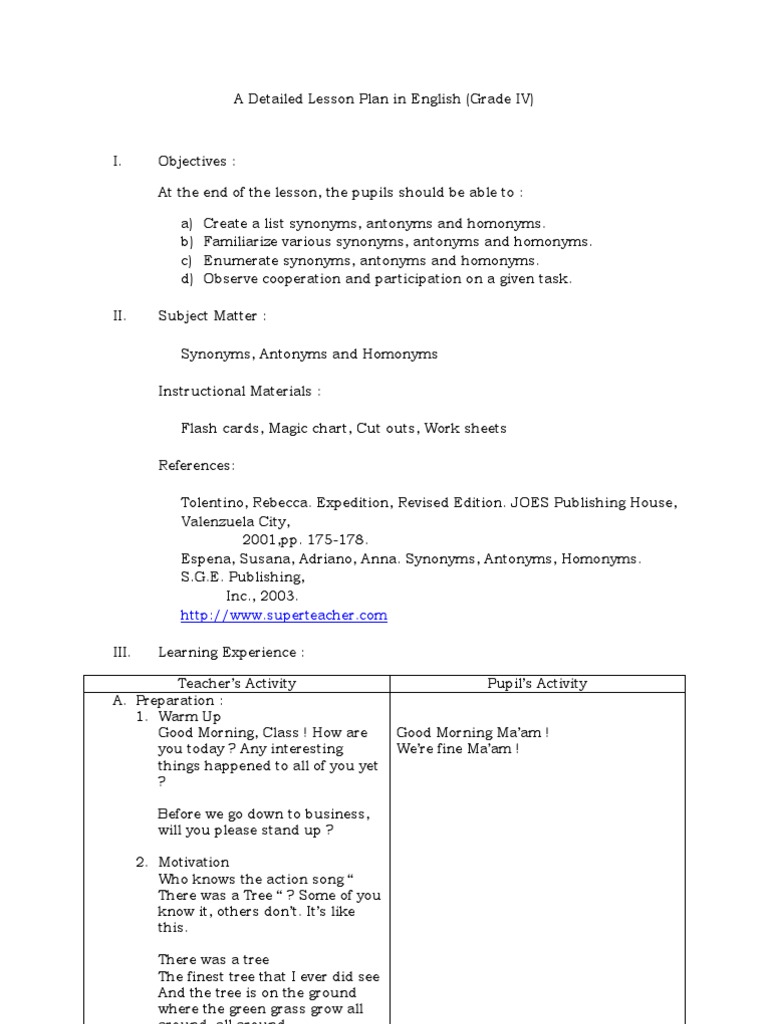 English Lesson on Synonyms, Antonyms and Homonyms | PDF | Lesson Plan