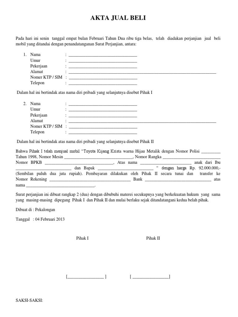 Contoh Akta Jual Beli Mobil | PDF
