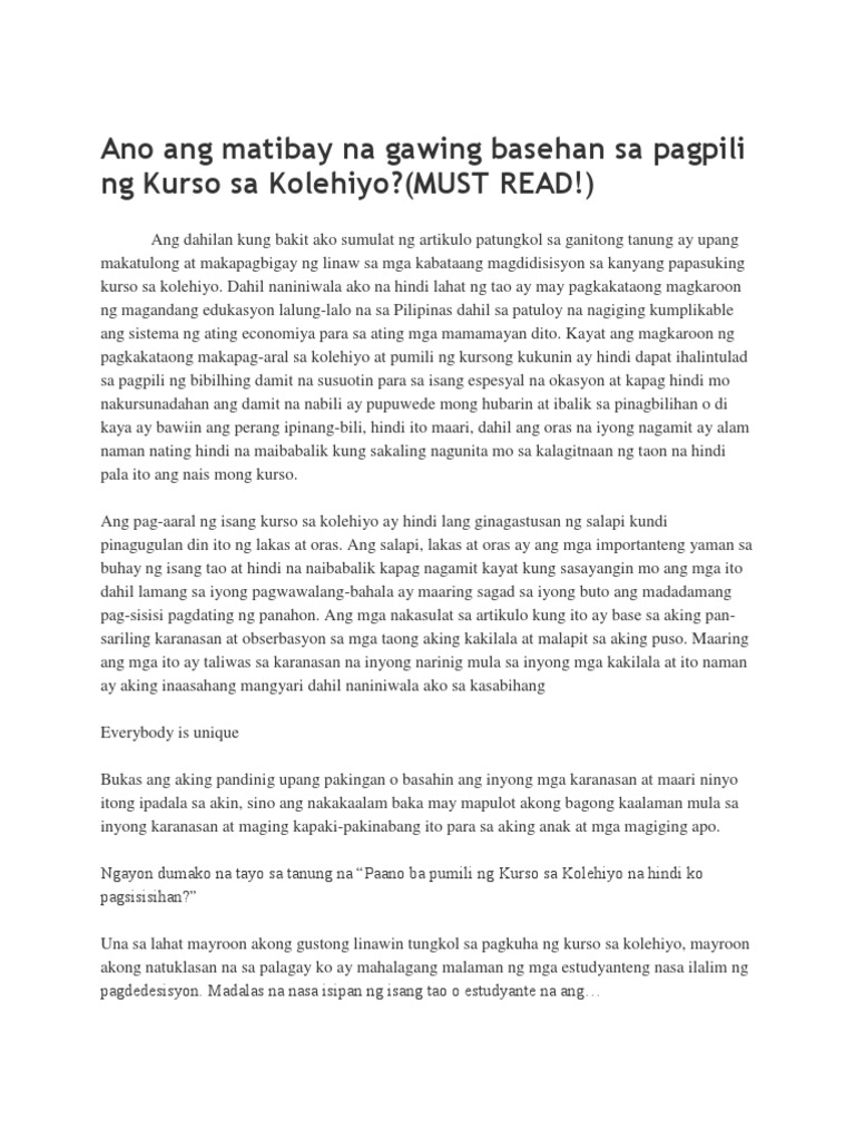 Ano Ang Matibay Na Gawing Basehan Sa Pagpili Ng Kurso Sa Kolehiyo