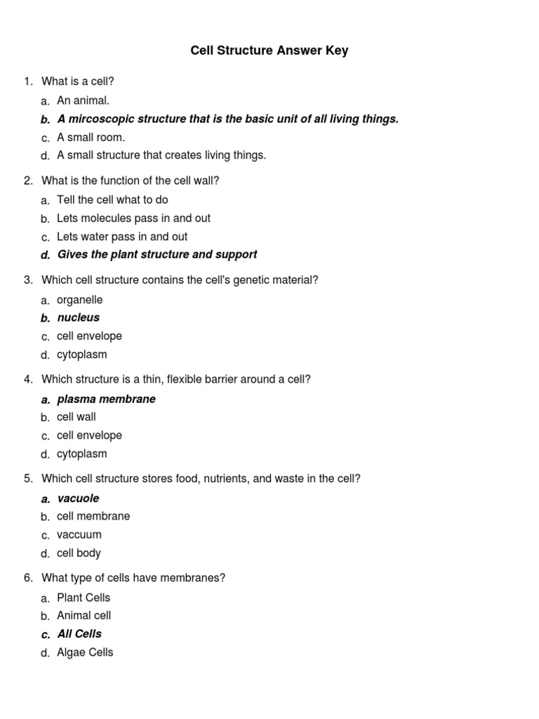 Cell Structure Answer Key | PDF | Cytoplasm | Cell (Biology)
