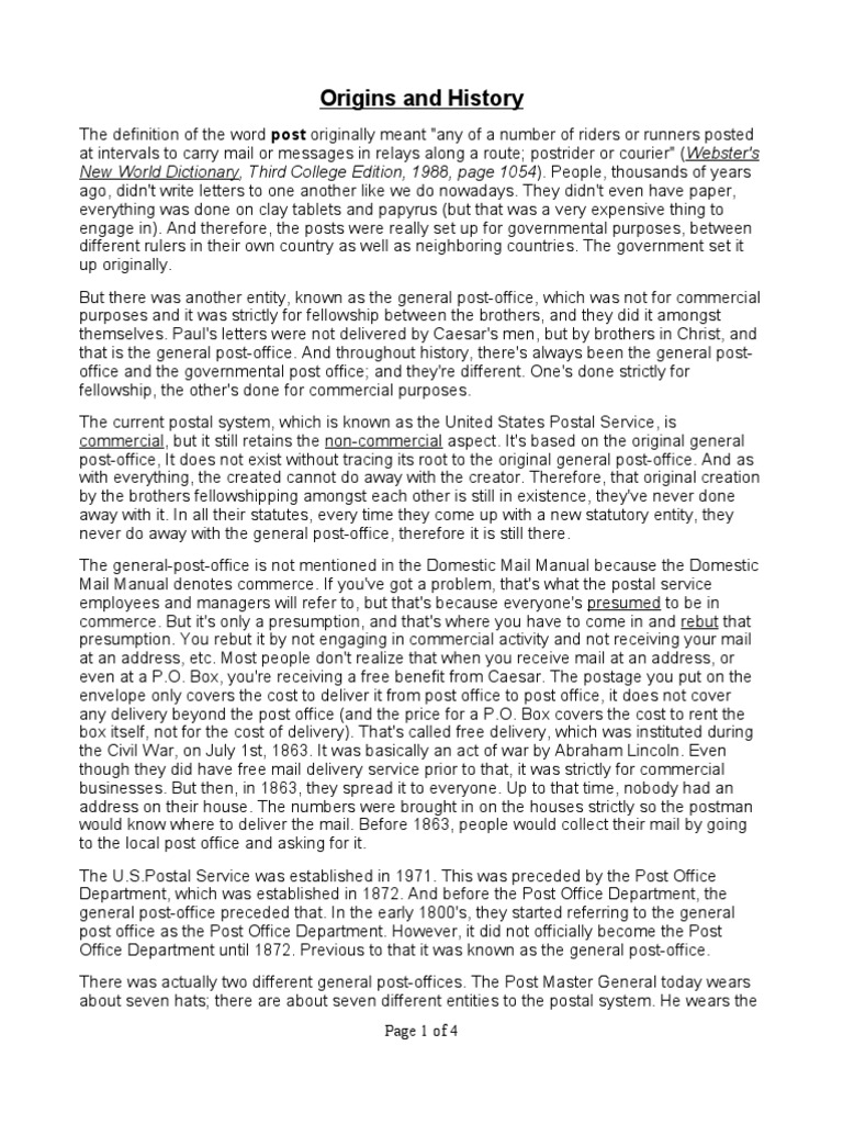 Origins and History of Post Office | PDF | United States Postal Service ...