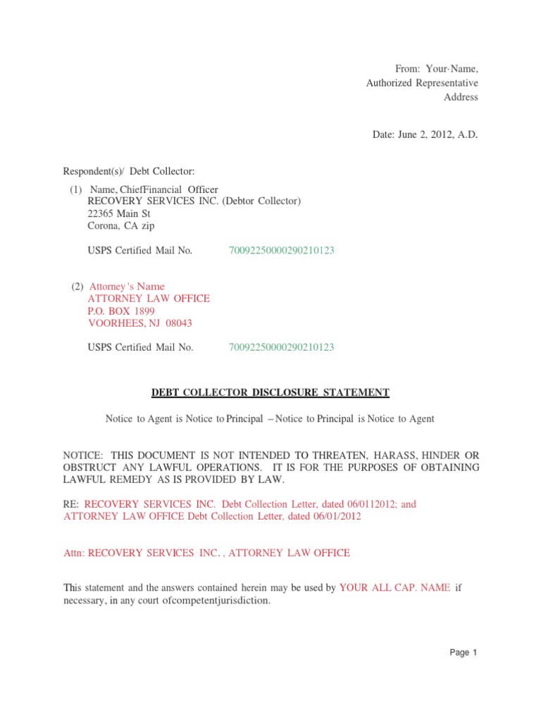 Debt Collector Disclosure Statement | PDF | Collection Agency | Common Law
