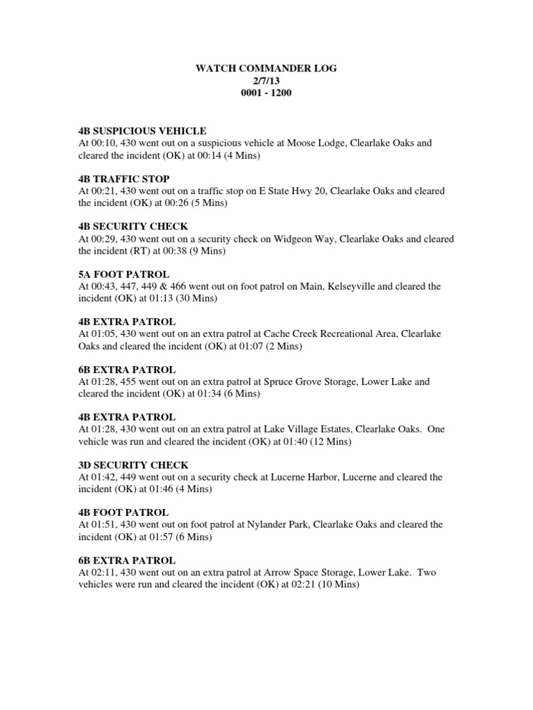 Lake County Sheriff's Watch Commander Logs | PDF | Road Transport | Driving