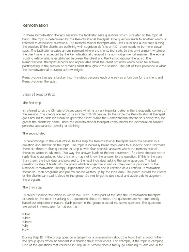 Remotivation Therapy | Download Free PDF | Therapy | Psychotherapy