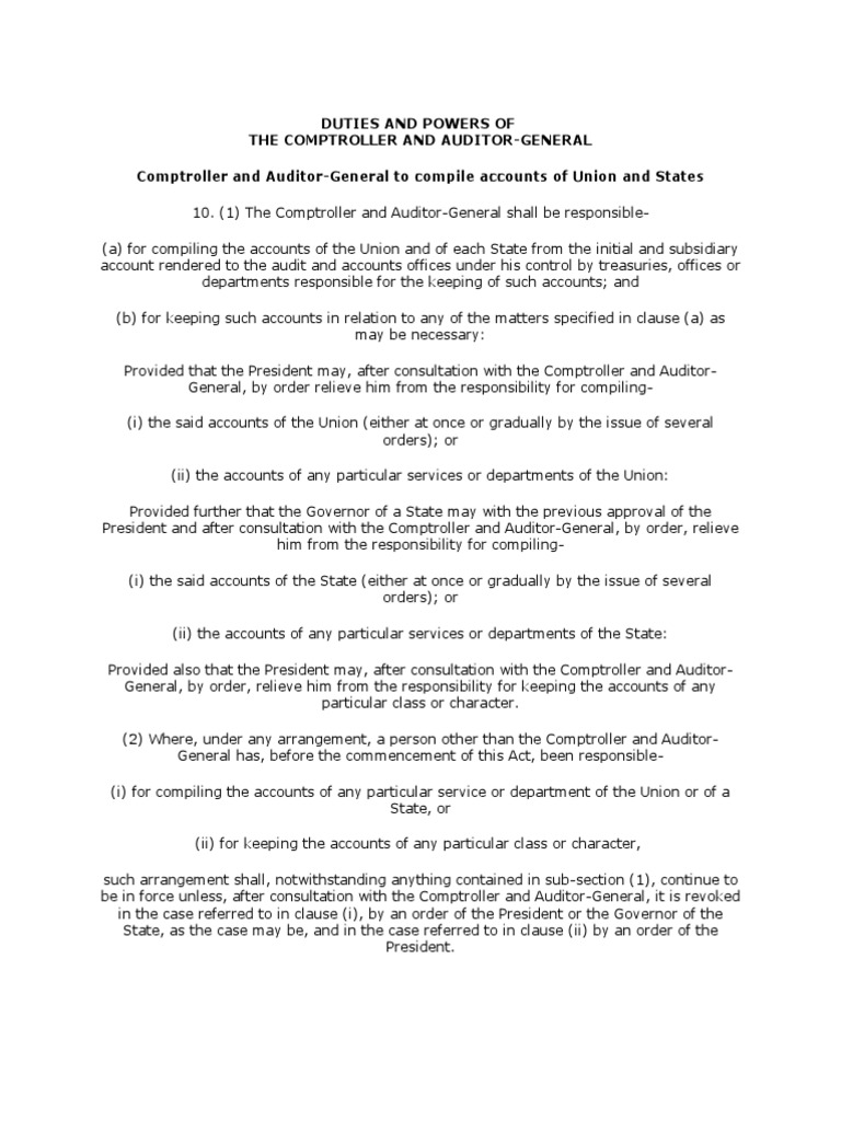 Duties and Powers of The Comptroller and Auditor-General Comptroller ...