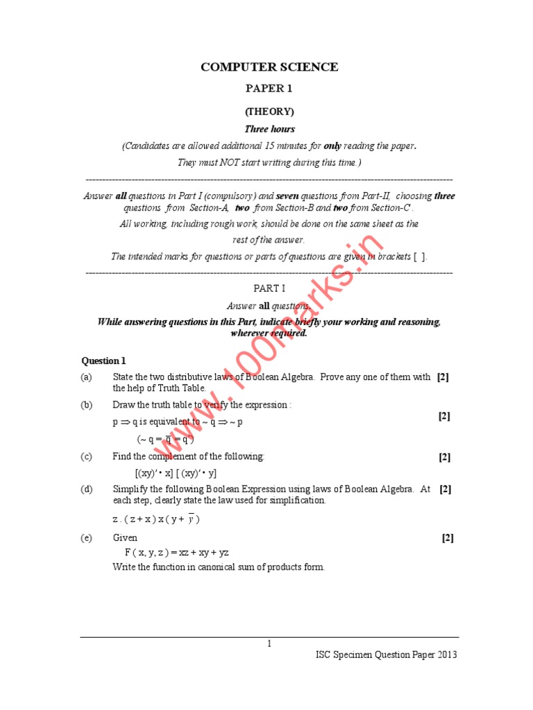 Computer Science Xii Isc Sample Paper Pdf Constructor Object Oriented Programming