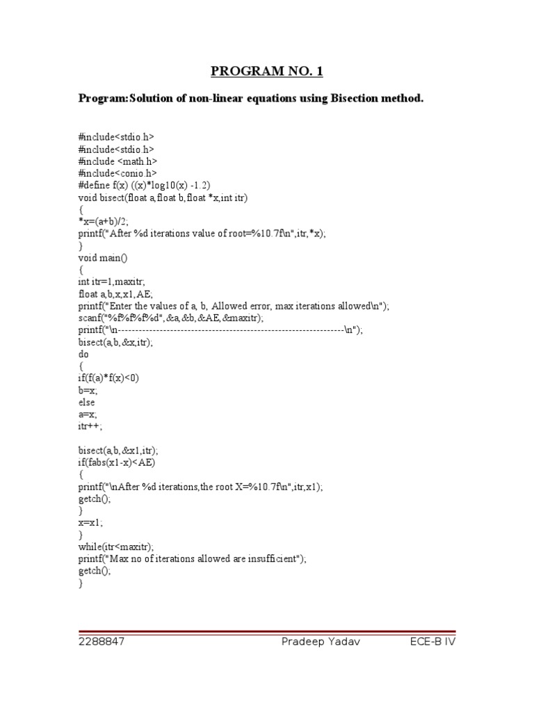 Program No. 1: Program:Solution of Non-Linear Equations Using Bisection Method | PDF