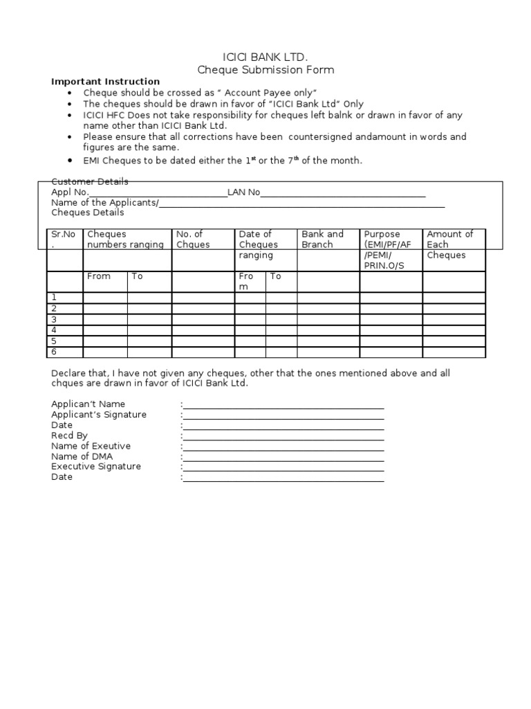 Cheque Submission Form for Loan Repayment to ICICI Bank Ltd. | PDF