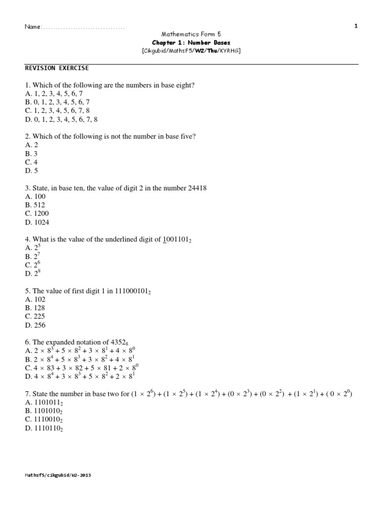 Revision Exercise: Mathematics Form 5 Name | Download Free PDF ...