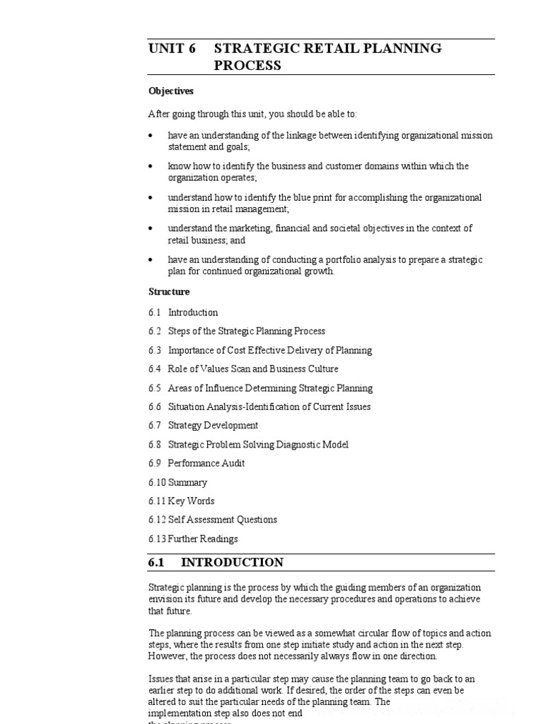 Unit 6 Strategic Retail Planning Process: Objectives | PDF | Strategic ...