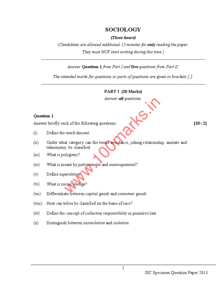 Sociology 12th ISC Sample Paper | PDF | Sociology | Science