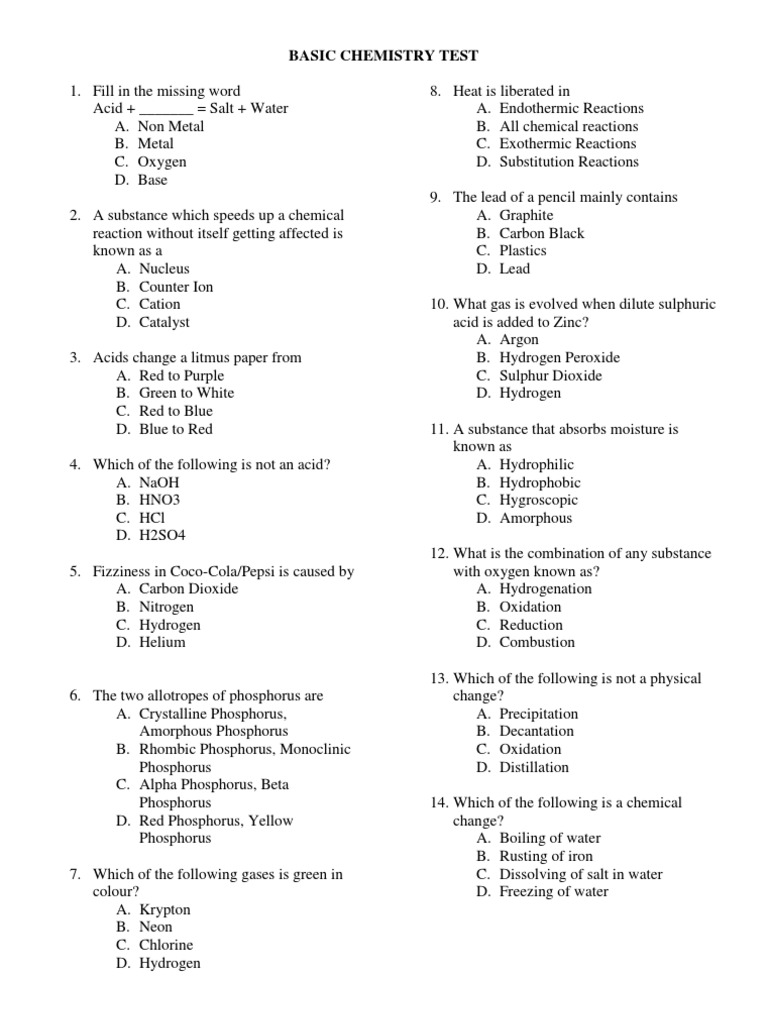 Basic Chemistry Test | PDF | Carbon | Solution