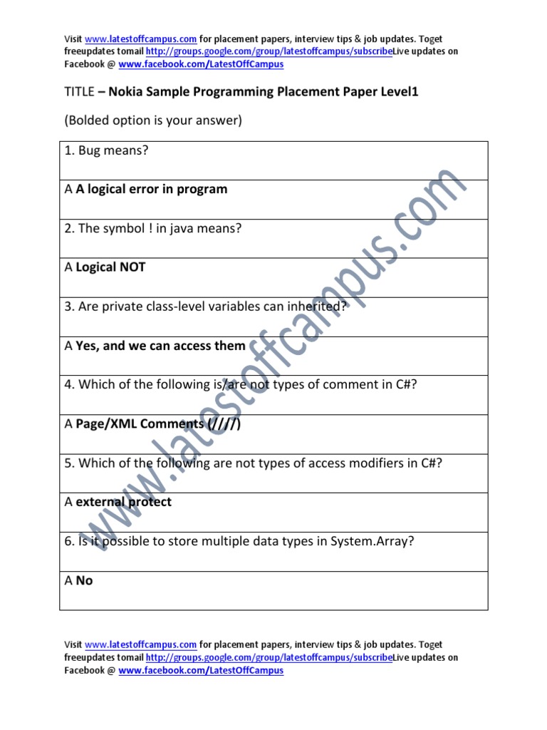 Nokia Sample Programming Placement Paper Level1 | PDF | C++ | C (Programming Language)