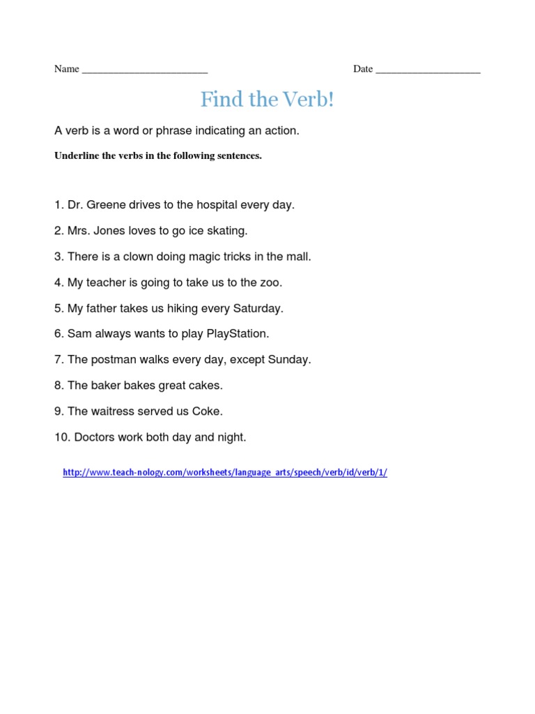 Verb Identification Worksheet | PDF