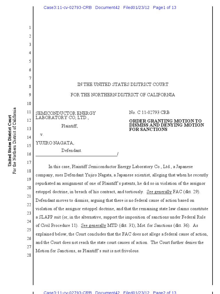 Semiconductor Energy v. Nagata Dist CT | PDF | Estoppel | Lawsuit