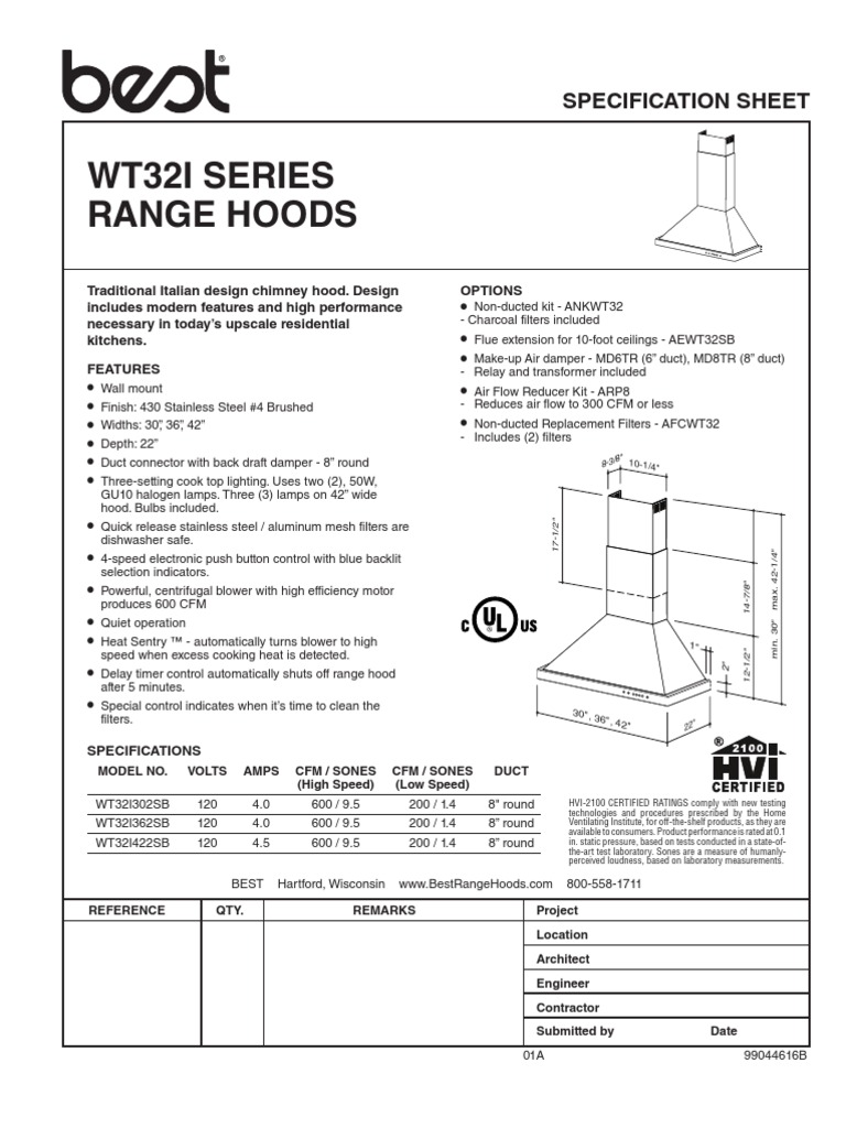 Wt32I Series Range Hoods: Specification Sheet | PDF | Duct (Flow ...