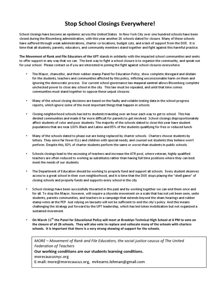 MORE School Closings Flyer Final Version 1 Page | PDF | The United ...
